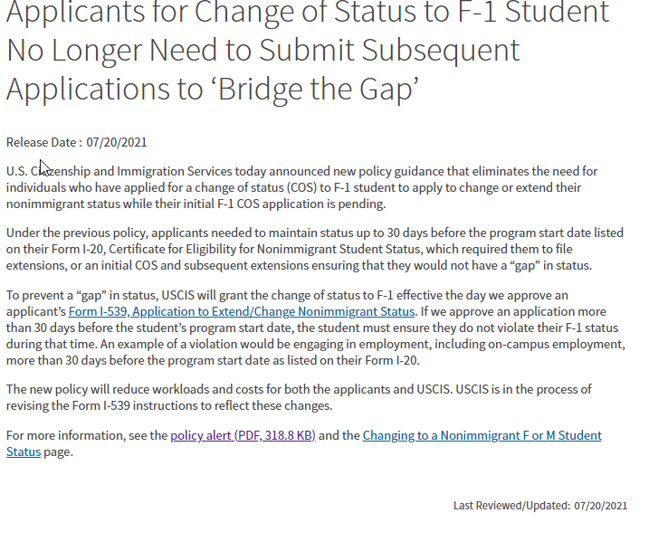 USCIS Updates Guidance for Applicants for Change of Status to F-1 Student
