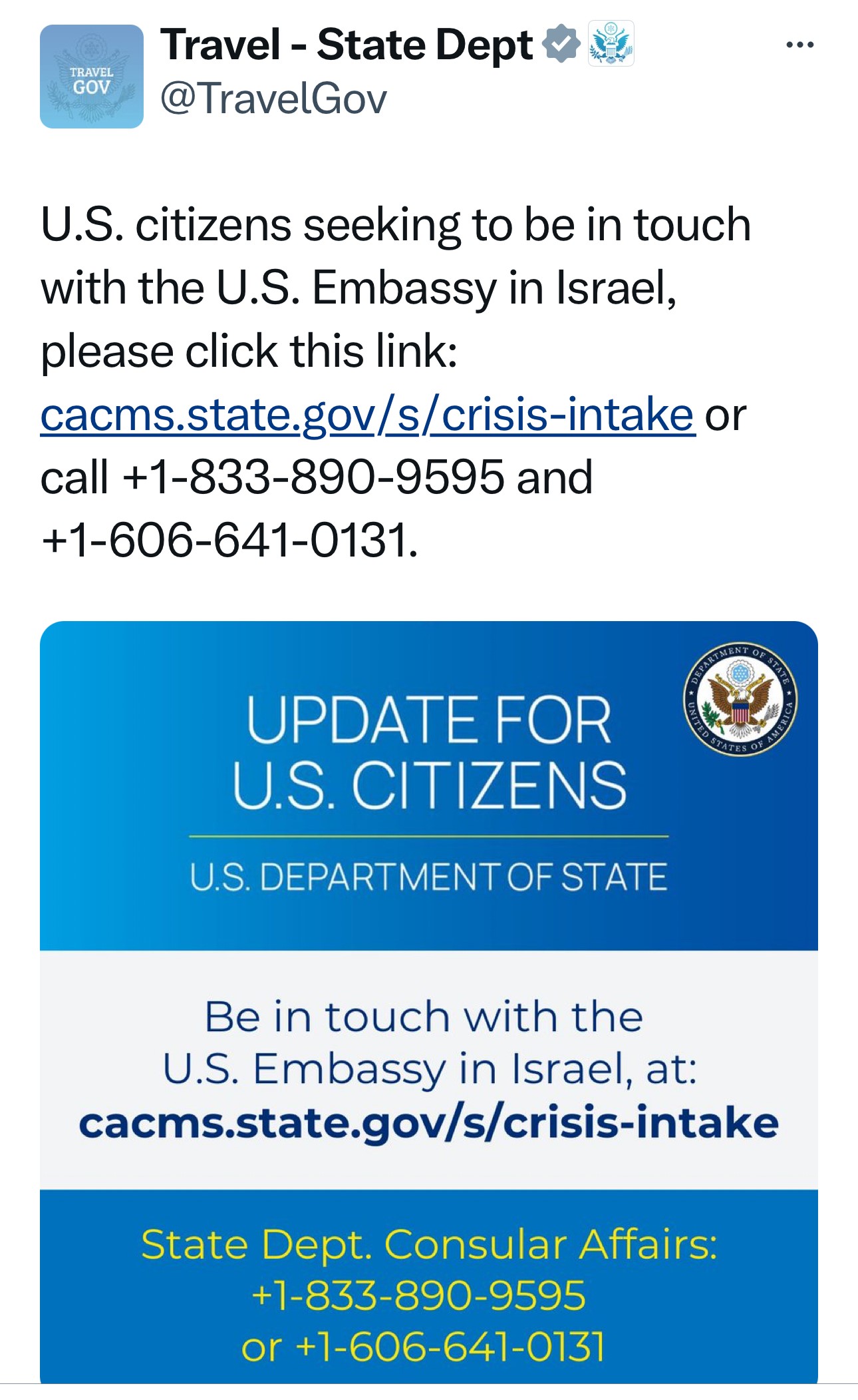 DOS Provides Contact Information for U.S. Embassy in Israel